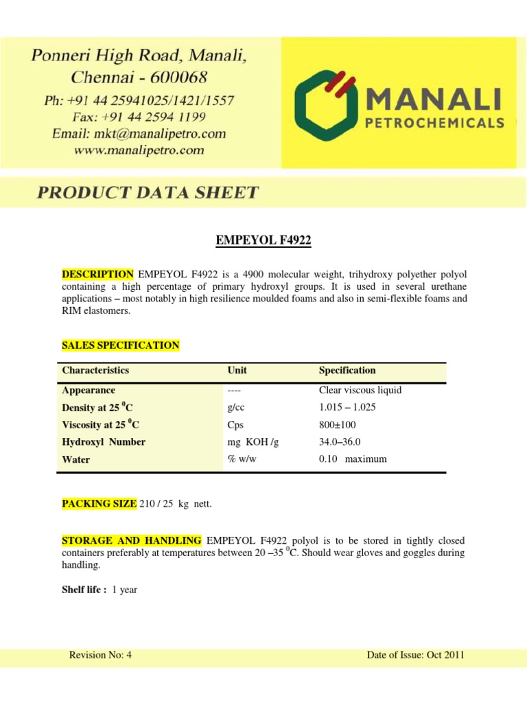 EMPEYOL F4922 Polyol Specifications | PDF