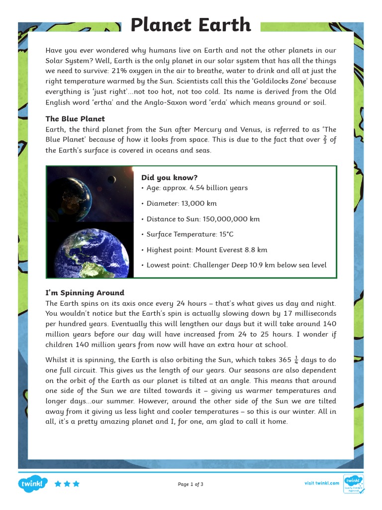 t2 S 866 Year 5 Planet Earth Differentiated Reading Comprehension ...