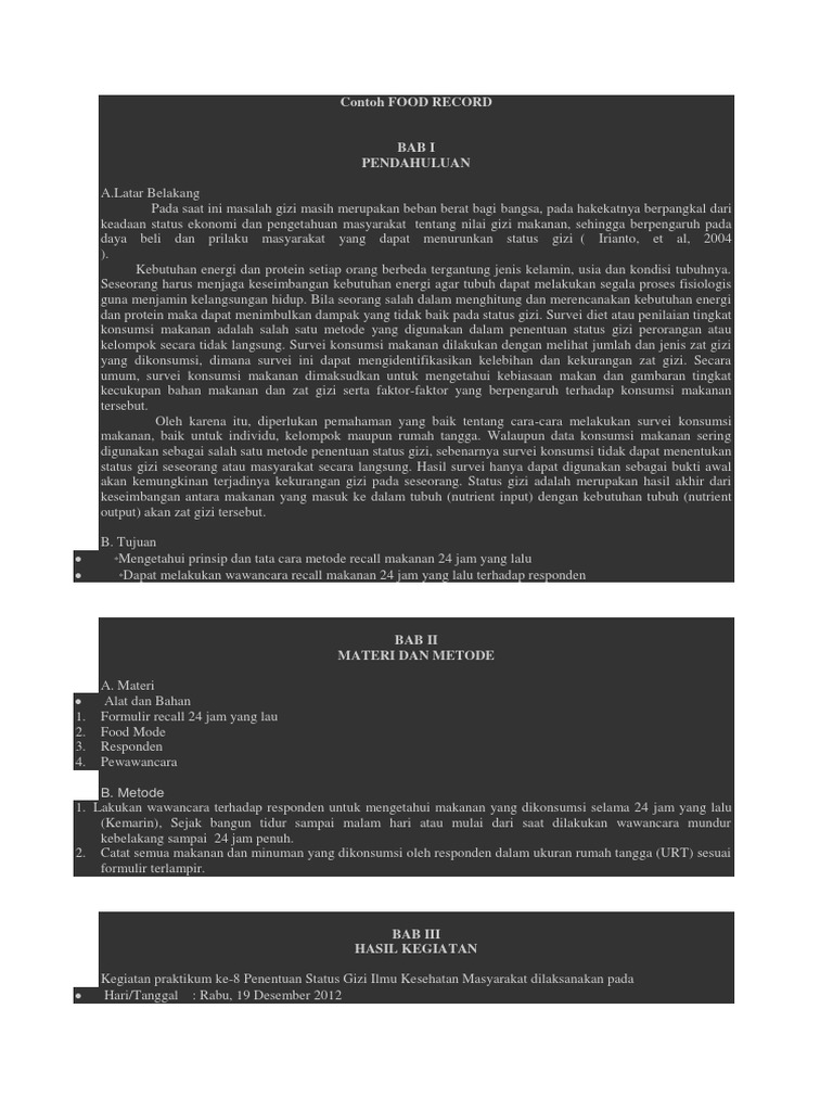 Contoh Food Record | PDF