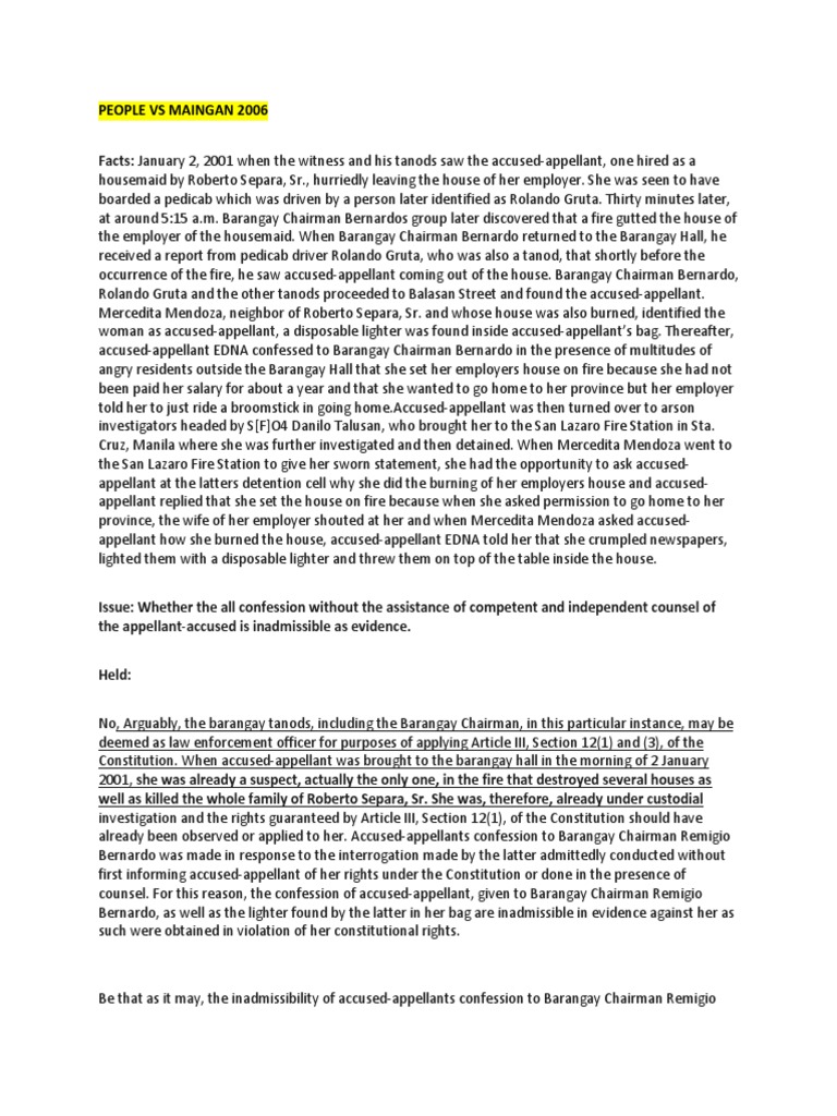 People Vs Maingan 2006 | PDF | Confession (Law) | Probable Cause