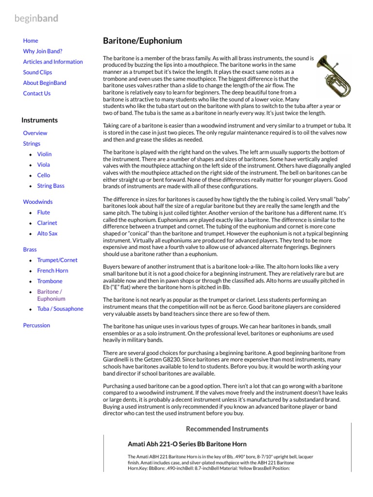 Beginning Band Baritone Euphonium Information | PDF | Brass Instruments ...