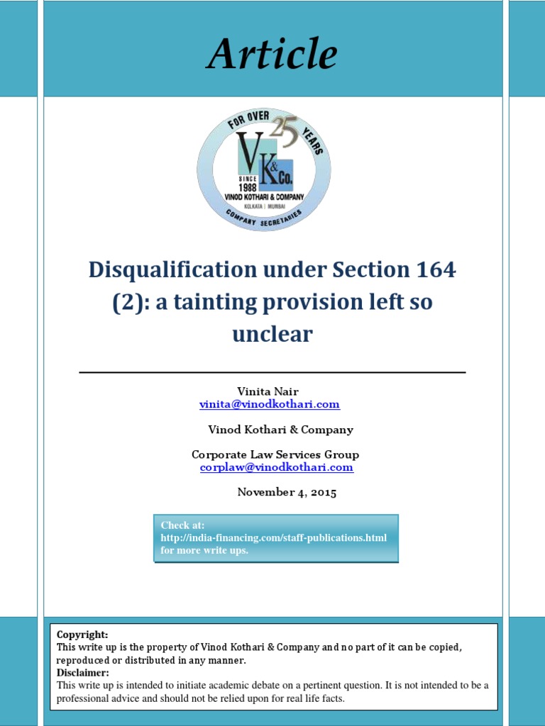 Disqualification Under Section 164 A Tainting Provision Left So Unclear ...