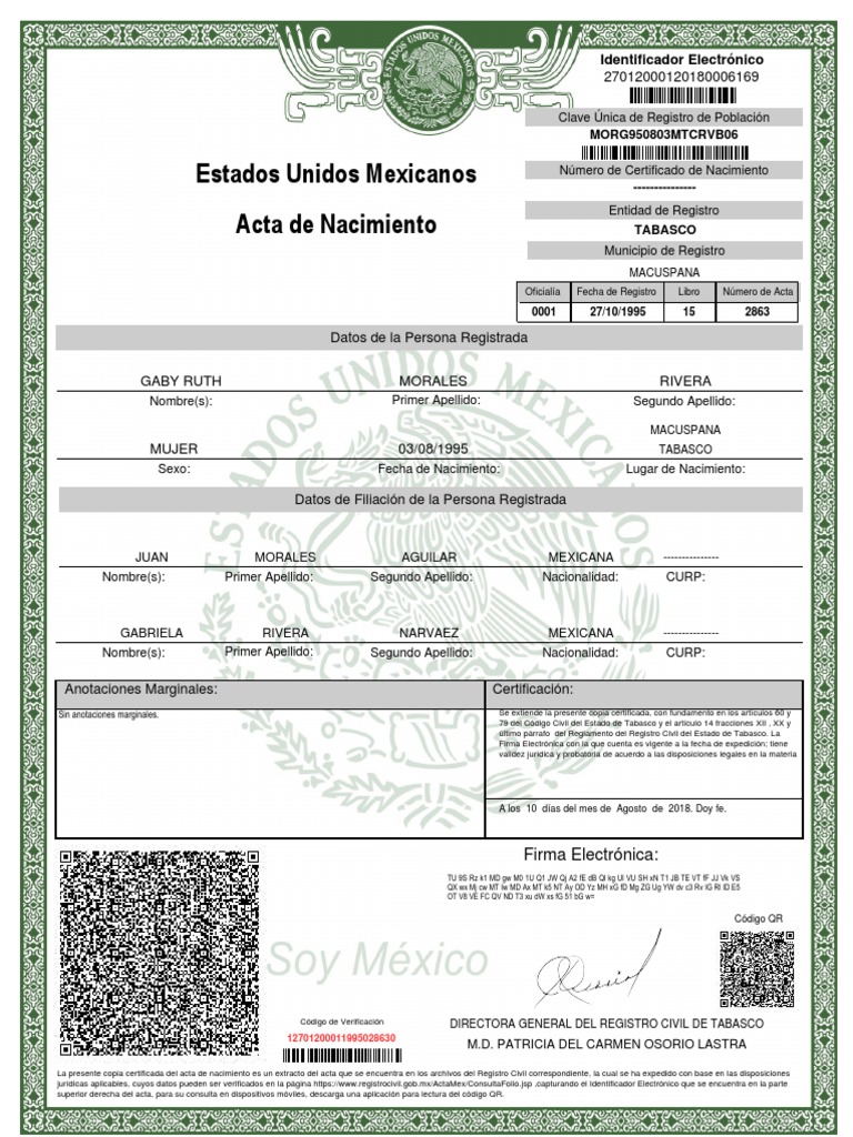 Acta de Nacimiento Certificada Tabasco | PDF | Control de acceso ...