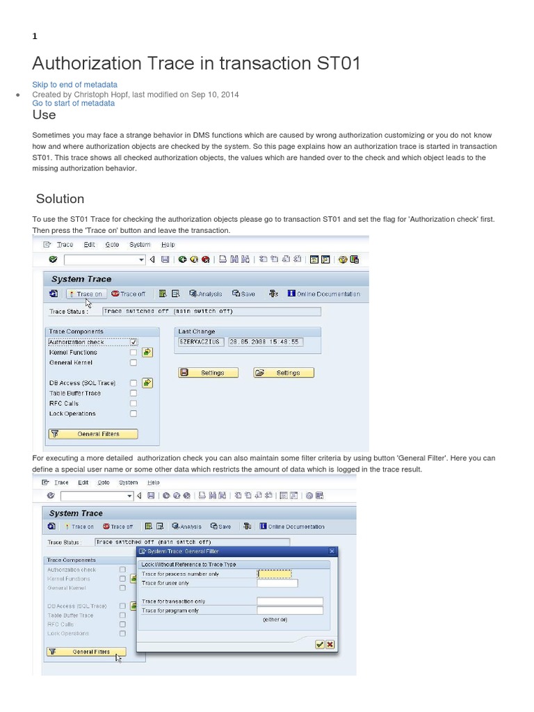 Authorization Trace in Transaction ST01 | PDF