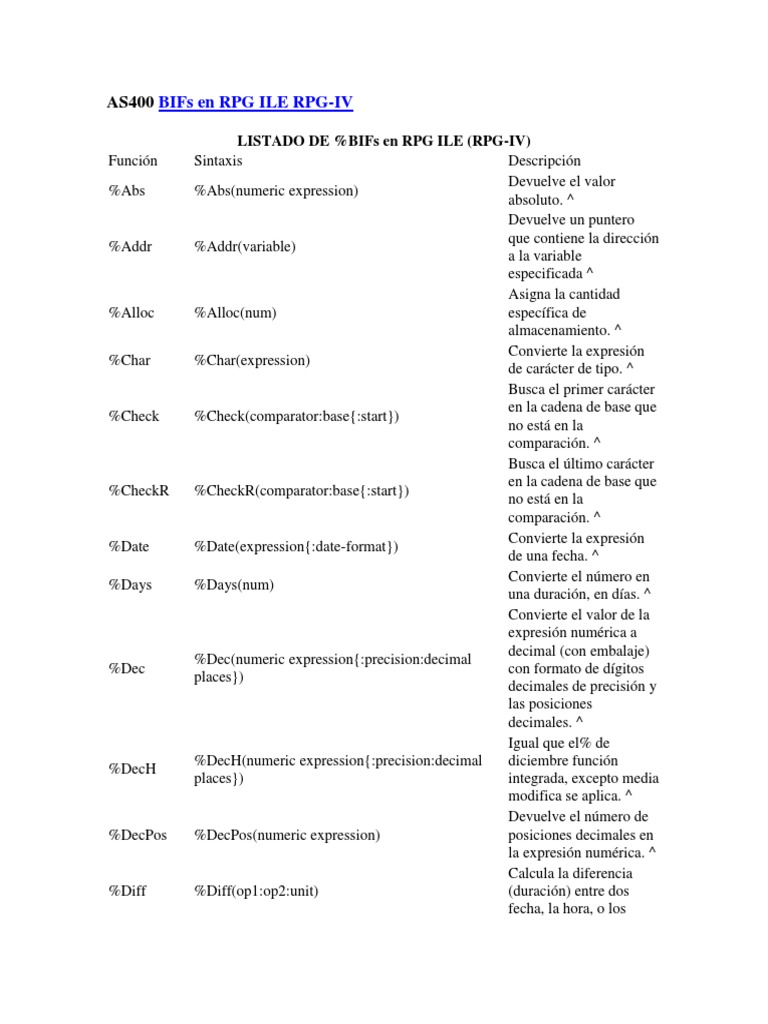 AS400 BIFs en RPG ILE RPG IV | PDF | Puntero (Programación de computadora) | Ingeniería de software