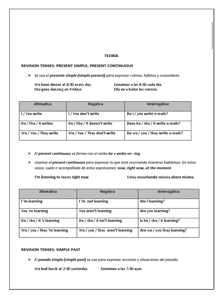 Present Simple and Continuous 1 ESO | PDF | Syntactic Relationships | Language Mechanics