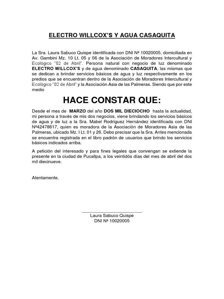 Constancia de Servicios Agua y Luz | PDF