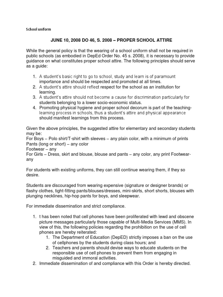 JUNE 10, 2008 DO 46, S. 2008 - Proper School Attire | PDF