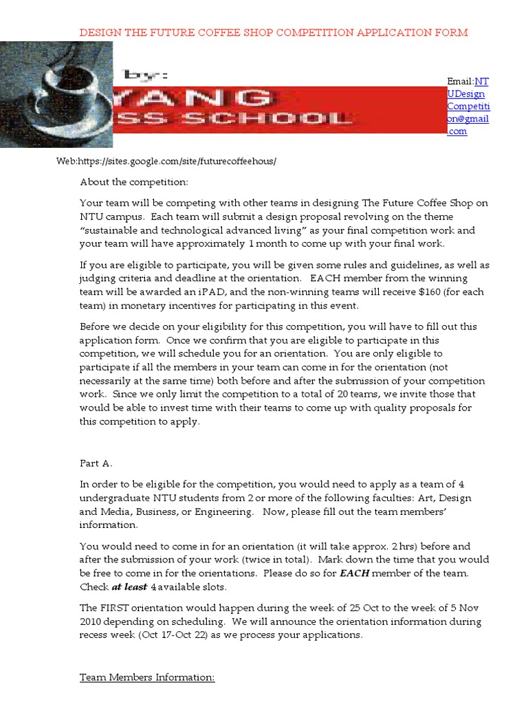 Design The Future Coffee Shop Competition Application Form: Email | PDF