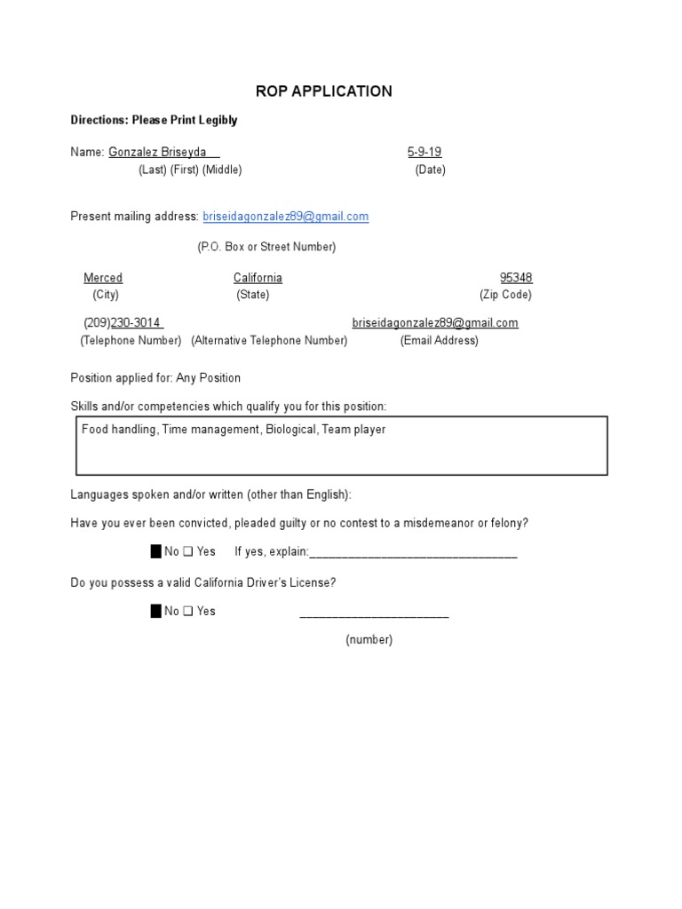 Rop Job Application With Availability - Fillable For Website | PDF