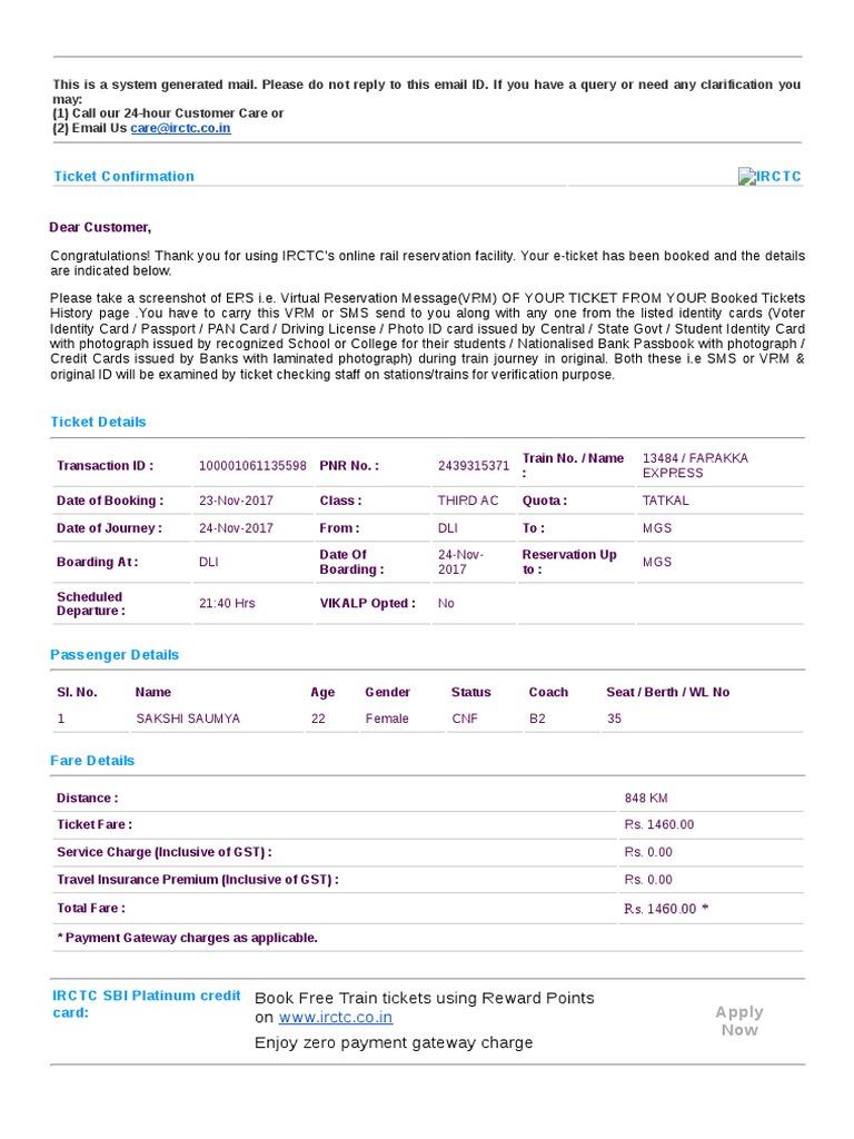 Booking Confirmation On IRCTC, Train - 13484, 24-Nov-2017, 3A, DLI ...
