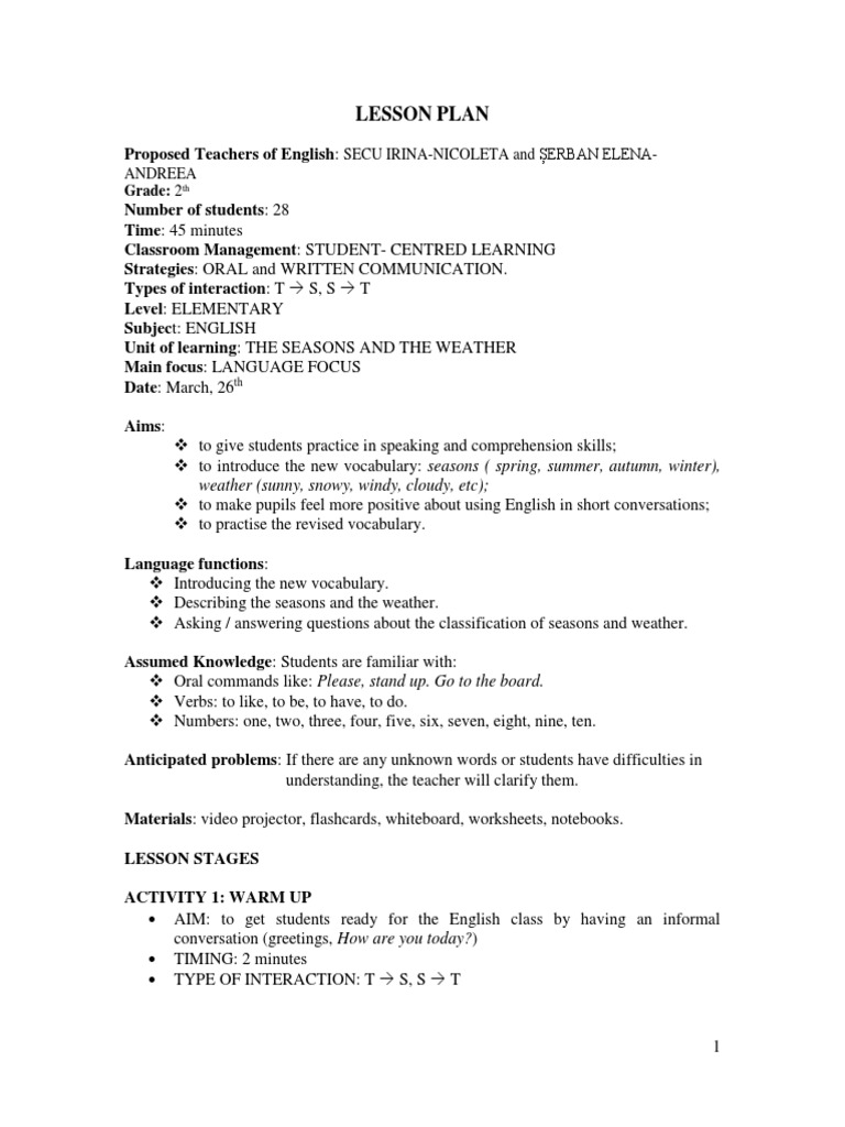 Seasons and Weather Lesson Plan | PDF | Vocabulary | English Language