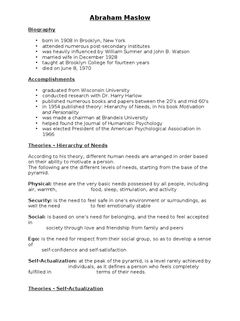 Abraham Maslow Summary Sheet - 2009 | PDF | Self Actualization | Behavioural Sciences