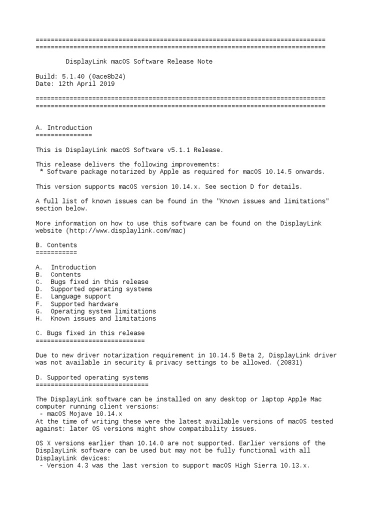 DisplayLink macOS Software v5.1.40 Release | PDF | Mac Os | Operating ...