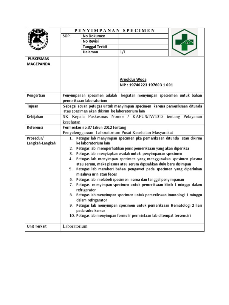 Prosedur Penyimpanan Specimen Laboratorium | PDF