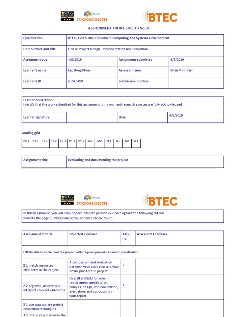 Assignment Front Sheet : Unit 4: Project Design, Implementation and ...