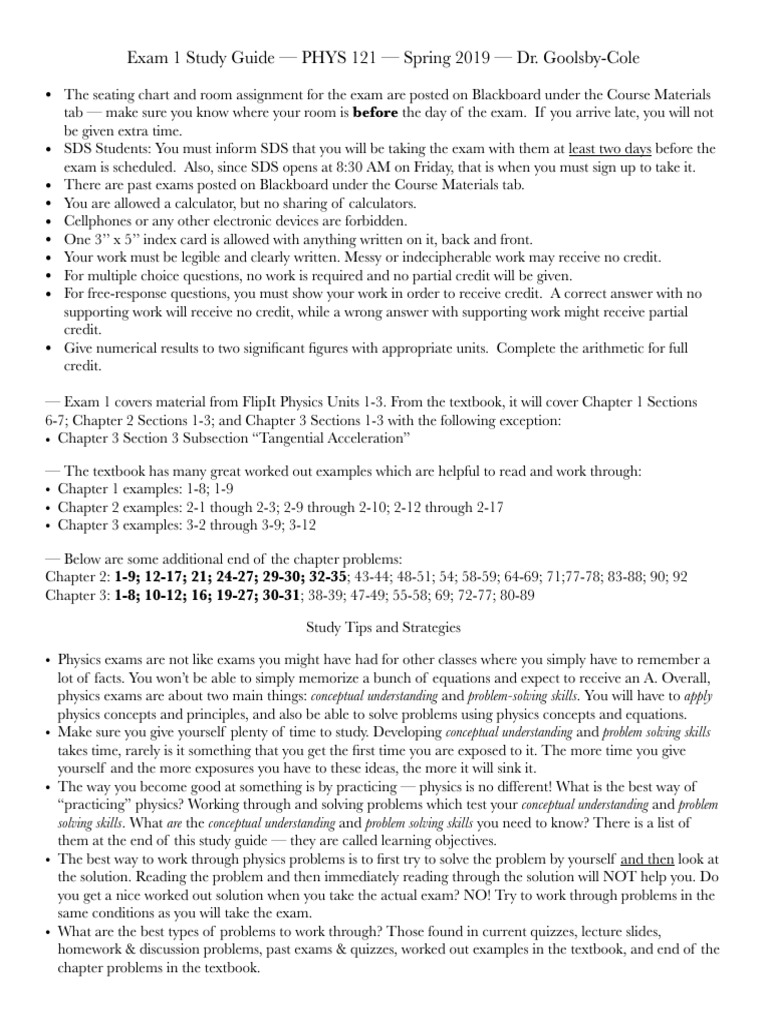 Exam 1 Study Guide - PHYS 121 - Spring 2019 - Dr. Goolsby-Cole | PDF ...