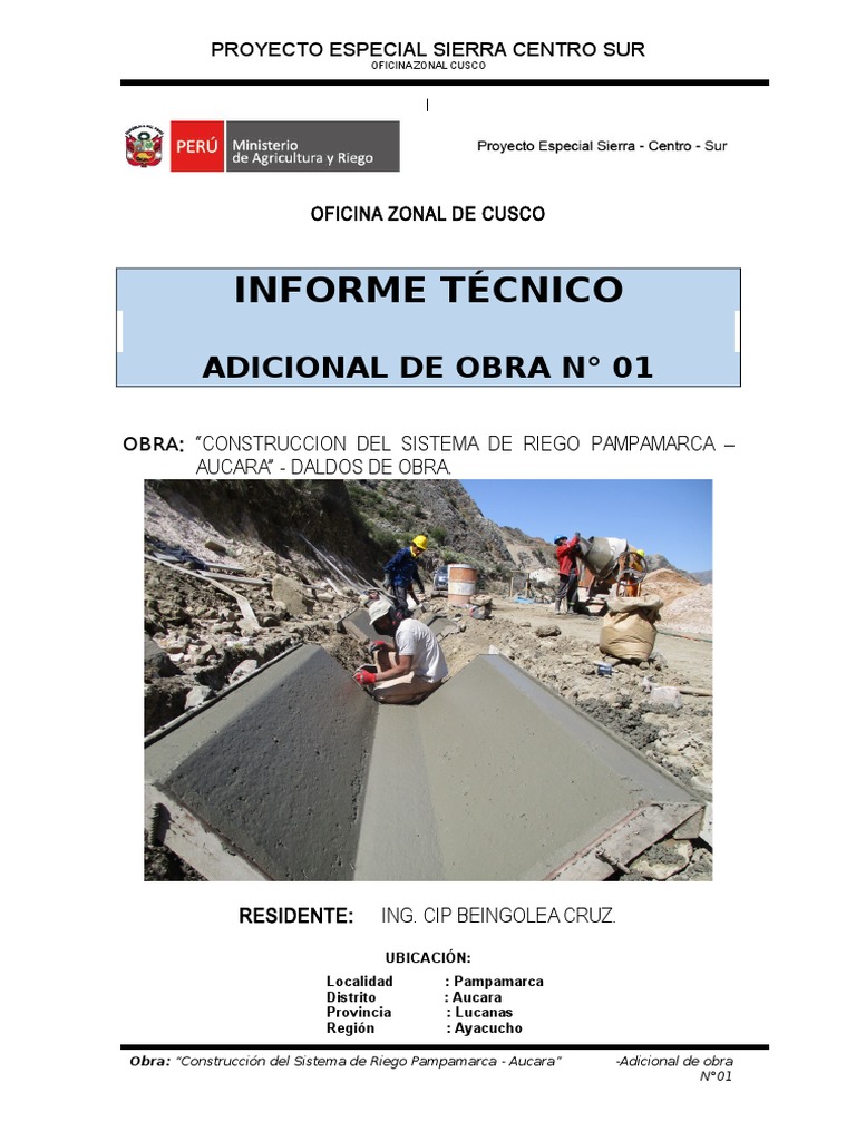 Informe técnico adicional de obra N°01 para la construcción del sistema de riego Pampamarca ...