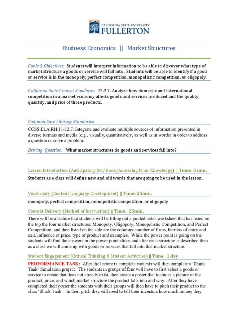 Market Structure Lesson Plan | PDF | Monopoly | Oligopoly
