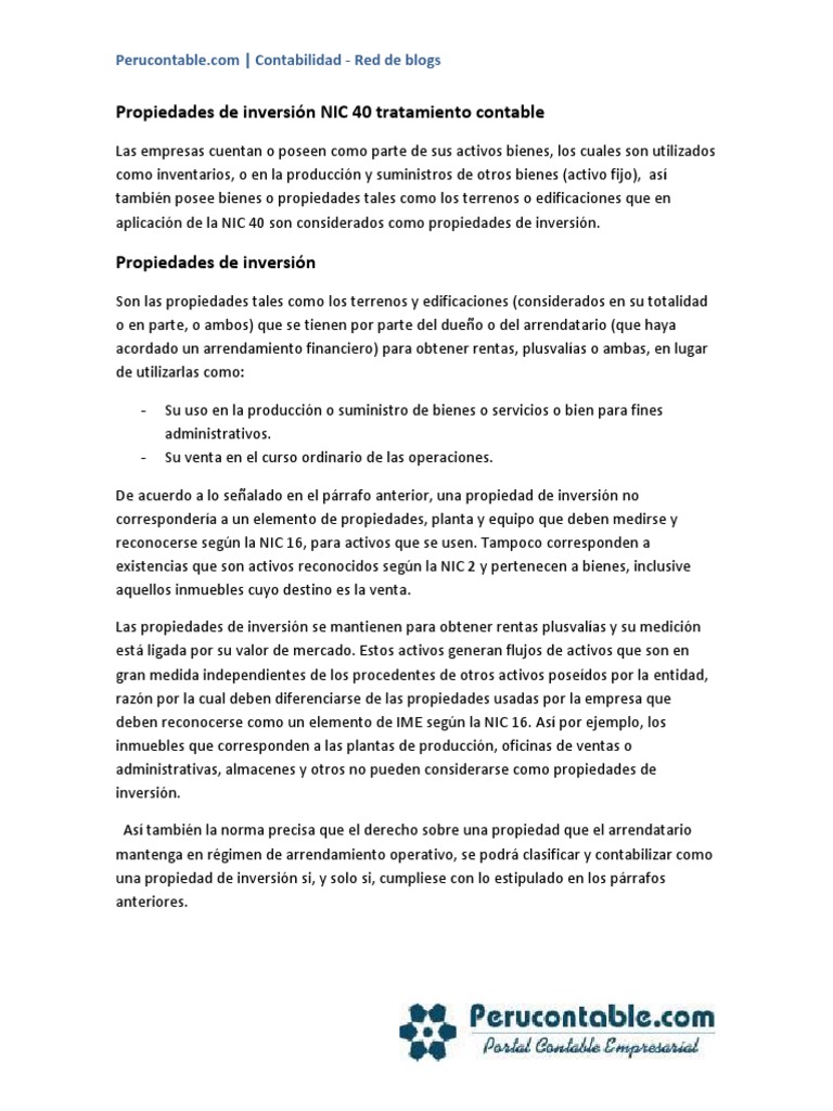 Caso Practico Propiedades de Inversión NIC 40 Tratamiento Contable ...