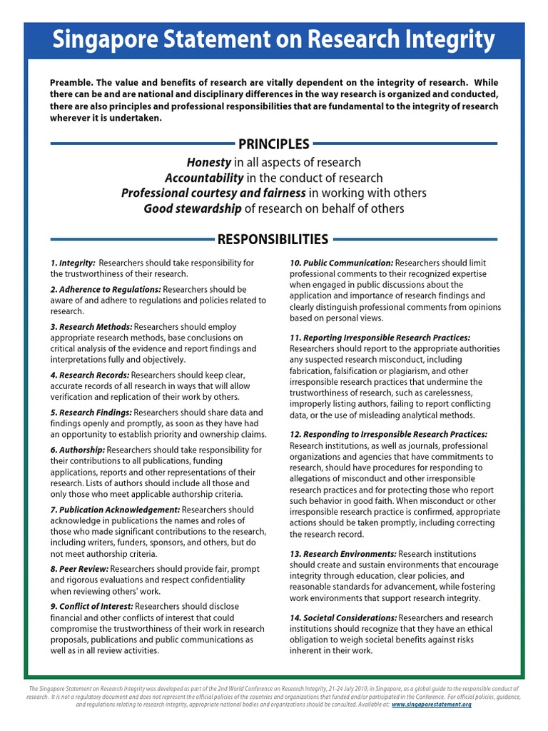 Singapore Statement On Research Integrity: Principles | PDF | Integrity ...