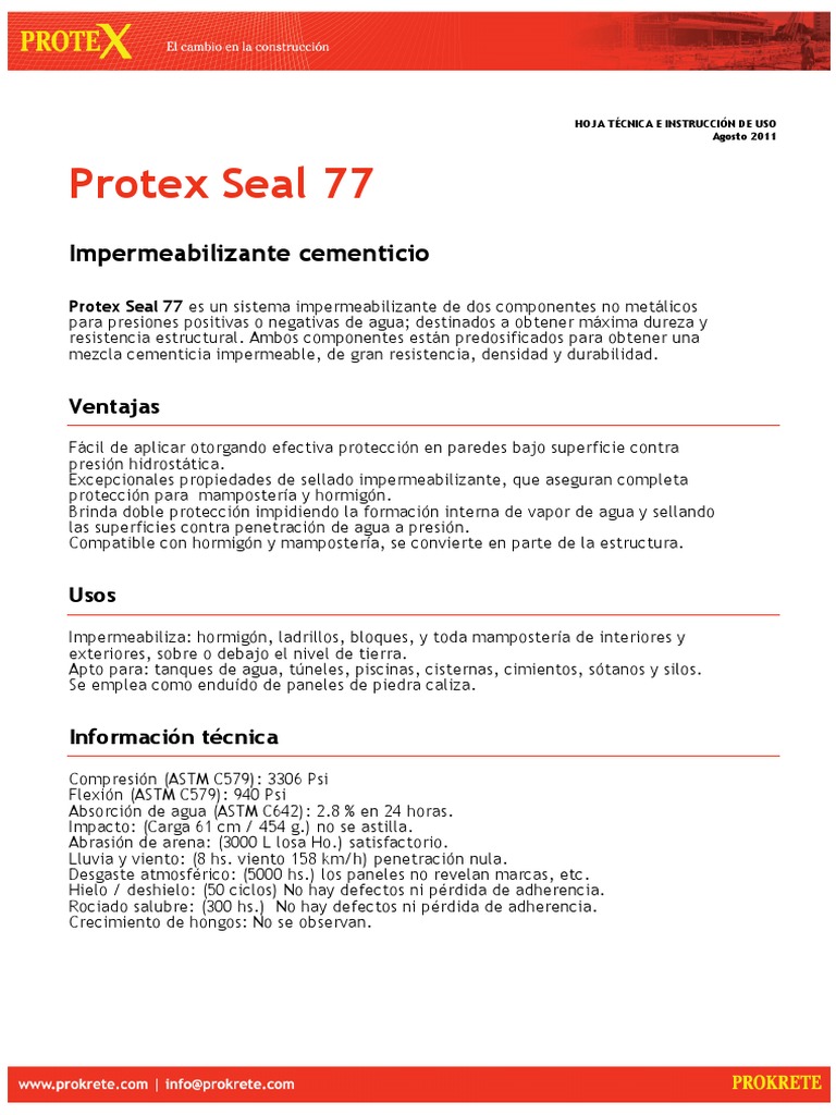 Protex Seal 77: Impermeabilizante Cementicio | PDF | Hormigón | Agua