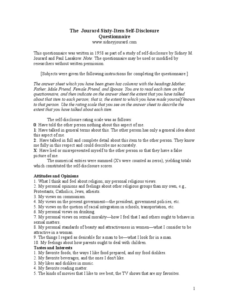 The Jourard Sixty-Item Self-Disclosure Questionnaire | PDF | Human Sexual Activity | Behavioural ...