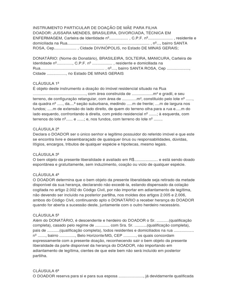 Instrumento Particular de Doação de Mãe para Filha Jussara Mendes | PDF ...