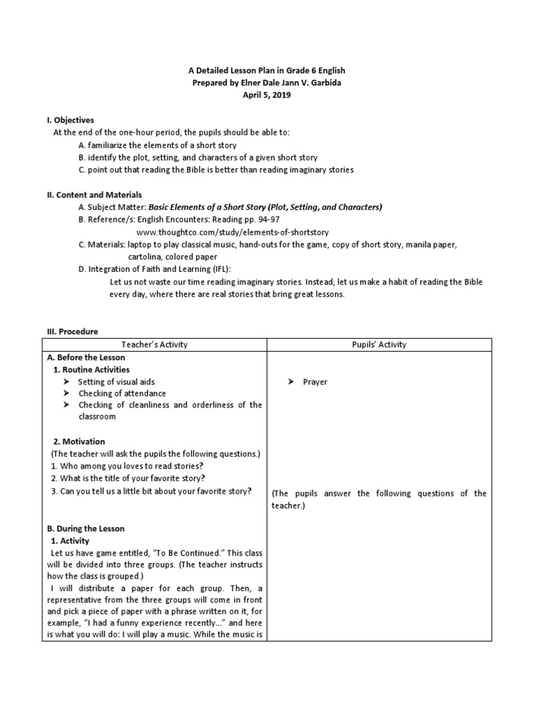 A Detailed Lesson Plan in Grade 6 English Prepared by Elner Dale Jann V ...