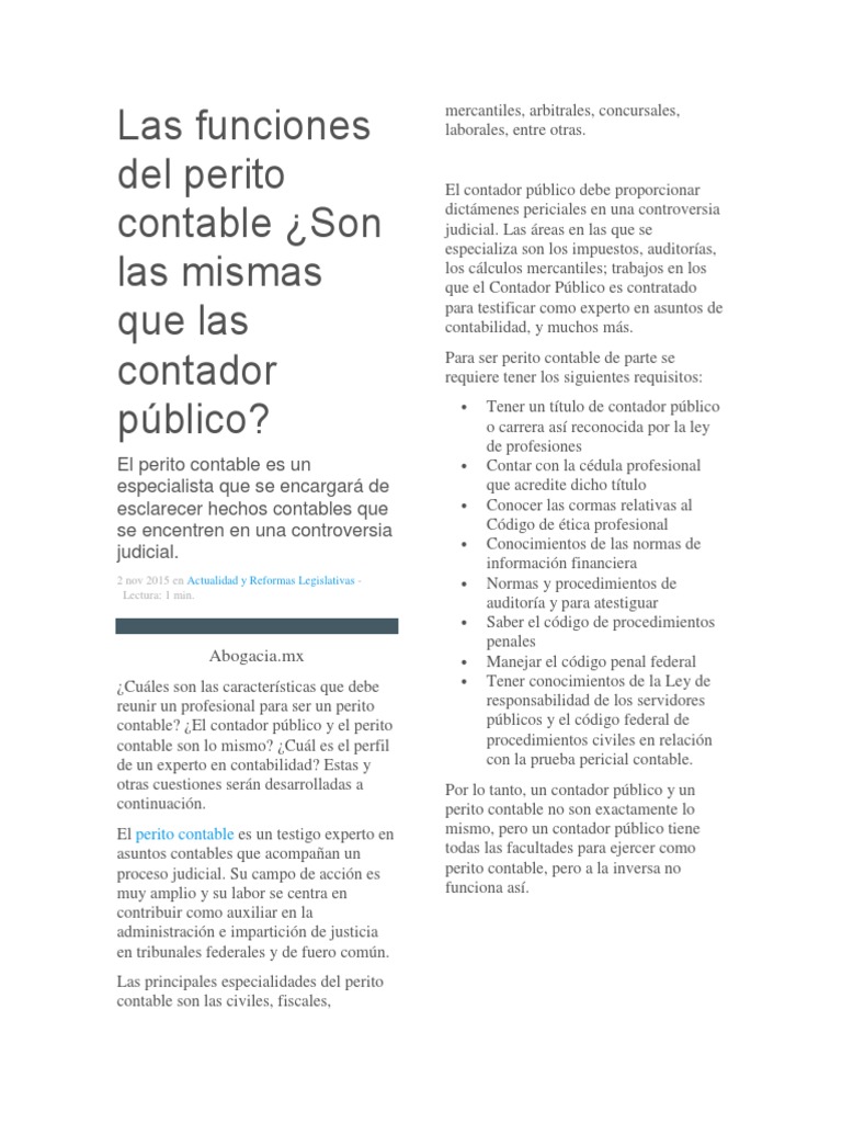 Las Funciones Del Perito Contable Pdf Contador Testigo Experto