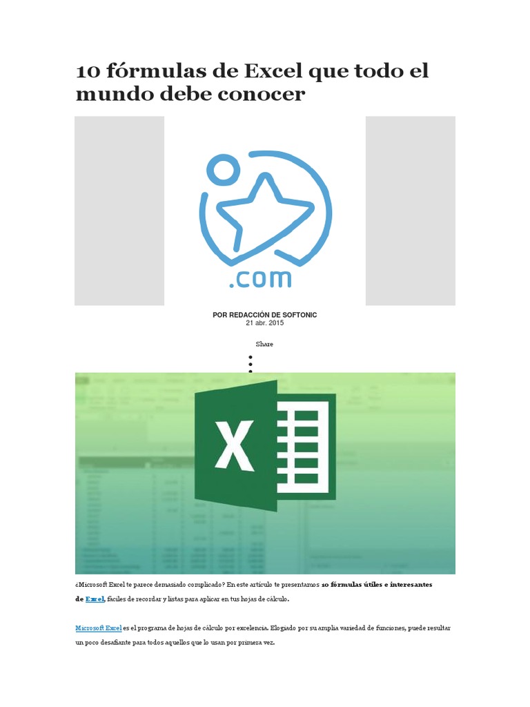 10 Fórmulas de Excel Que Todo El Mundo Debe Conocer | PDF | Fórmula ...