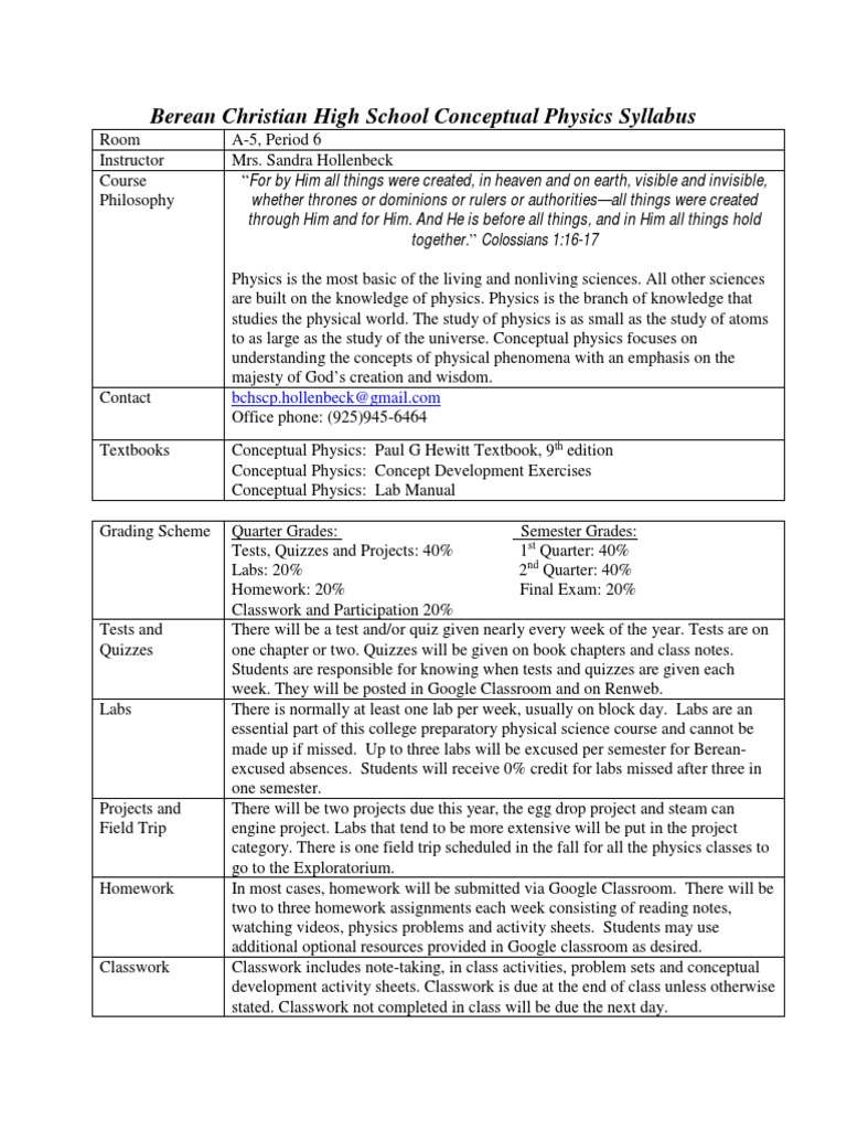 Berean Christian High School Conceptual Physics Syllabus | PDF ...