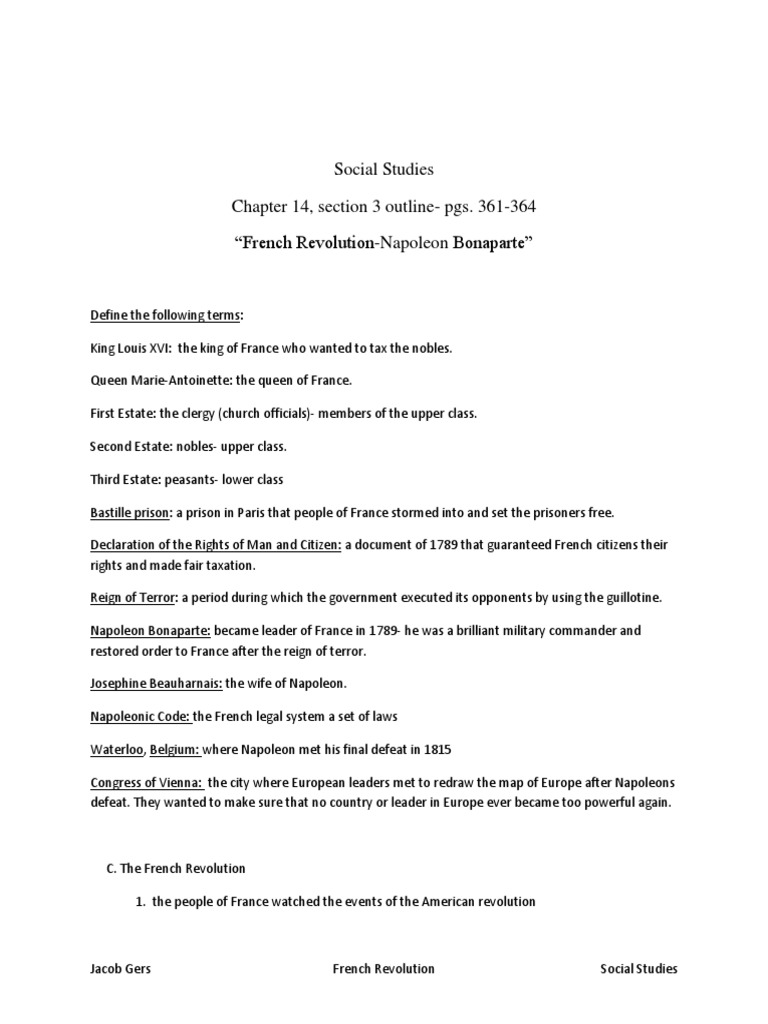 Social Studies Chapter 14, Section 3 Outline-Pgs. 361-364 "French ...