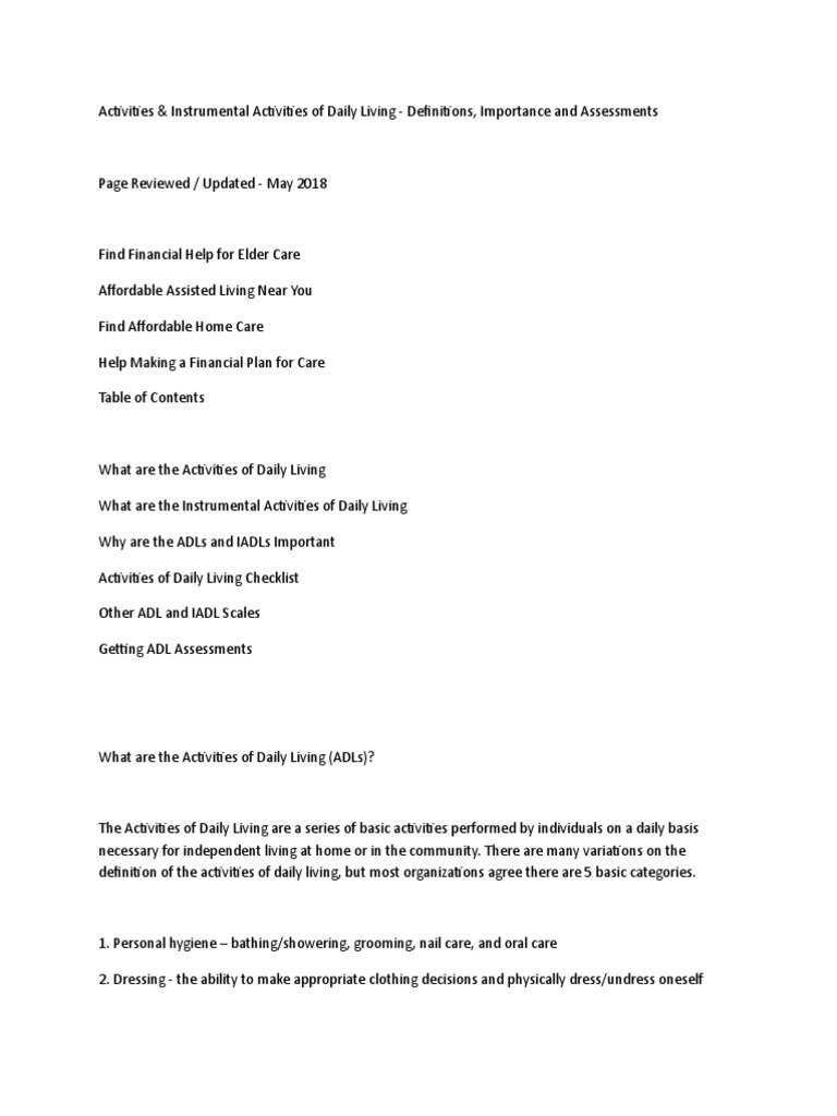 Assessing Adl | PDF | Health Care | Wellness