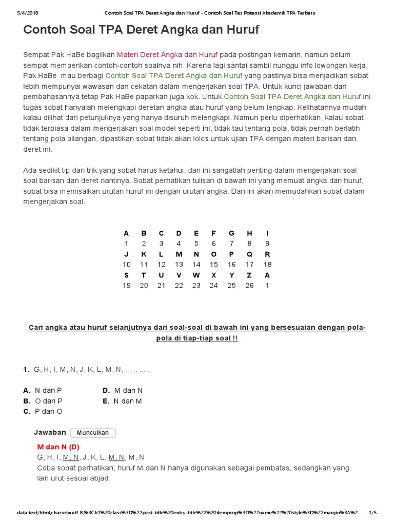 Contoh Soal TPA Deret Angka Dan Huruf PDF | PDF