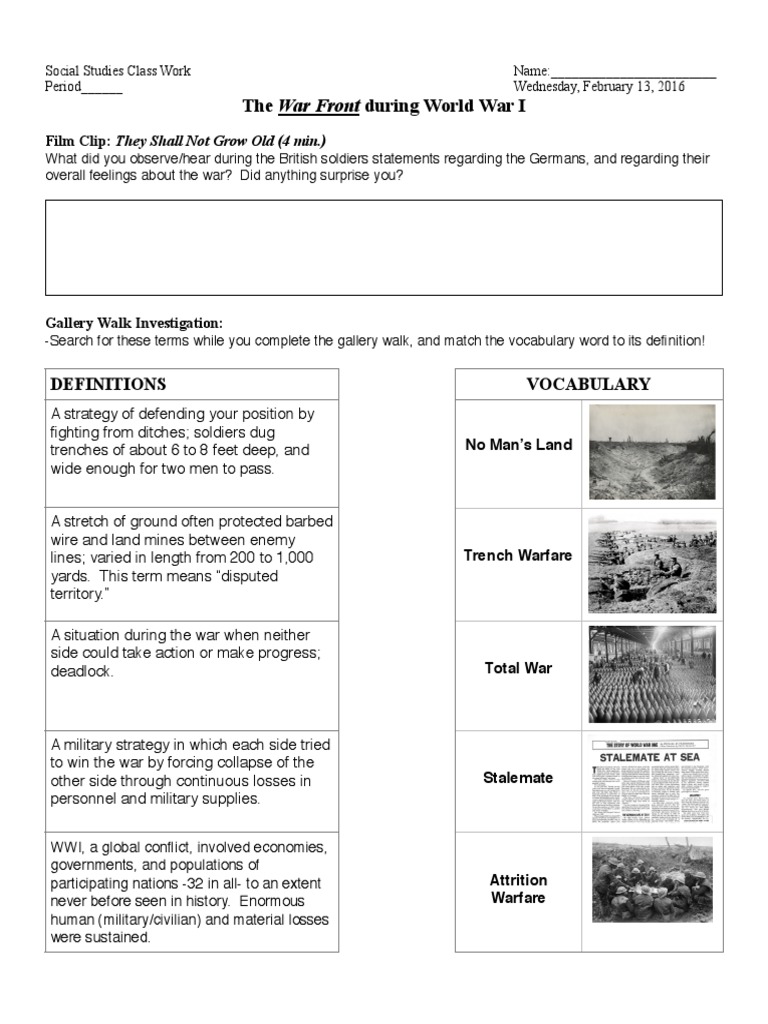 War Front World War One Gallery Walk Classwork Sheet | PDF | Trench ...