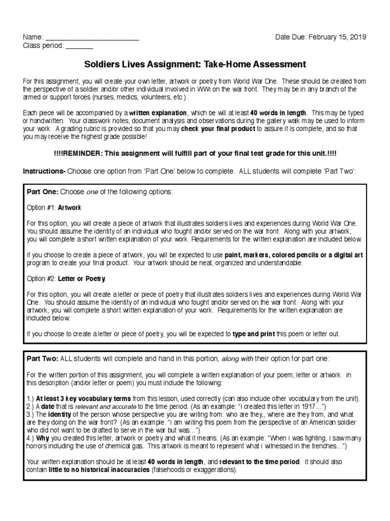 Soldiers Lives Assignment - Guidelines and Differentiated Grading ...
