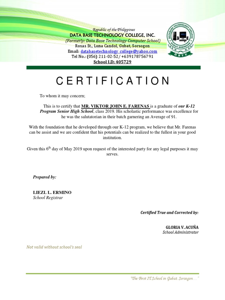 Salutatorian Certification for Graduation | PDF