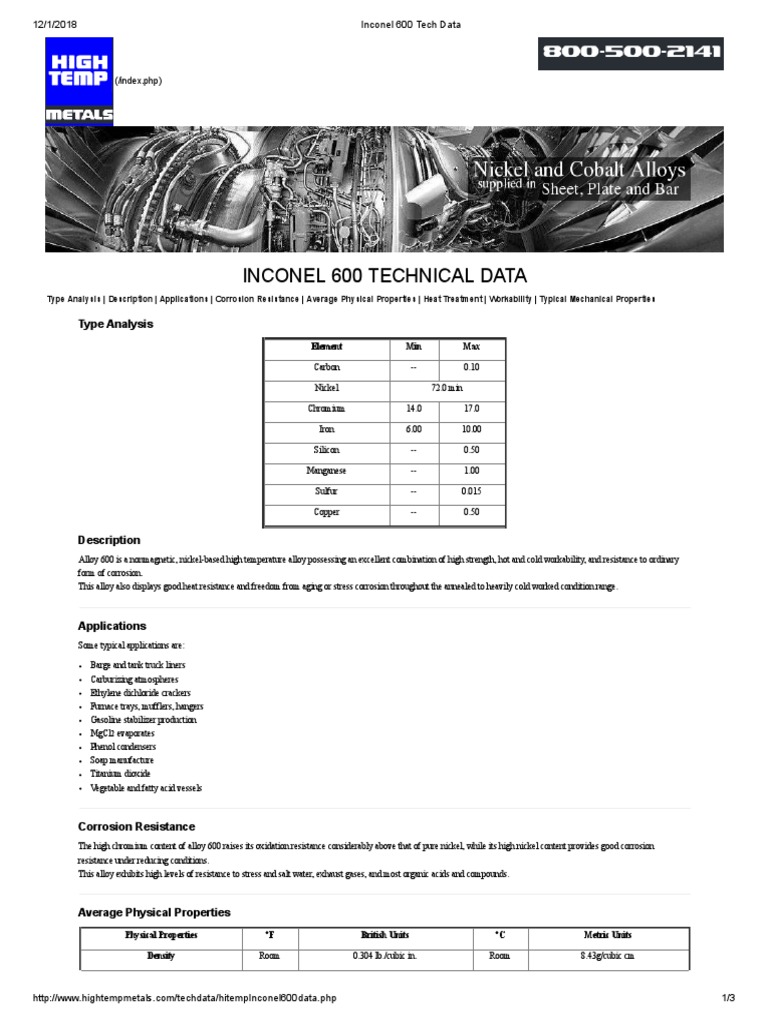 Inconel 600 Technical Data: Type Analysis | PDF | Annealing (Metallurgy ...
