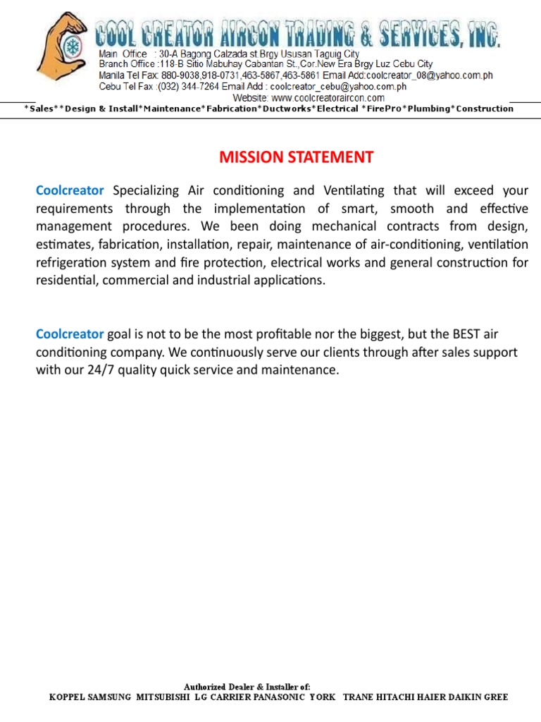 Mission Statement: Specializing Air Conditioning and Ventilating That ...