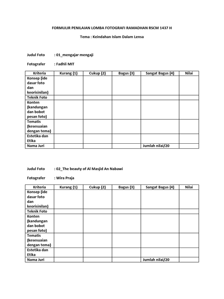 Formulir Penilaian Lomba Fotografi Ramadhan RSCM 1437 H | PDF