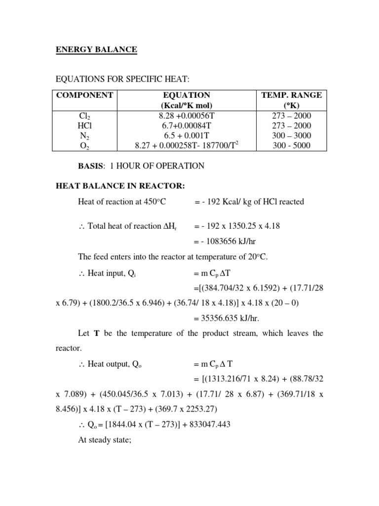 Heat Balance in Chemical Reactor | PDF | Chlorine | Chemical Reactor