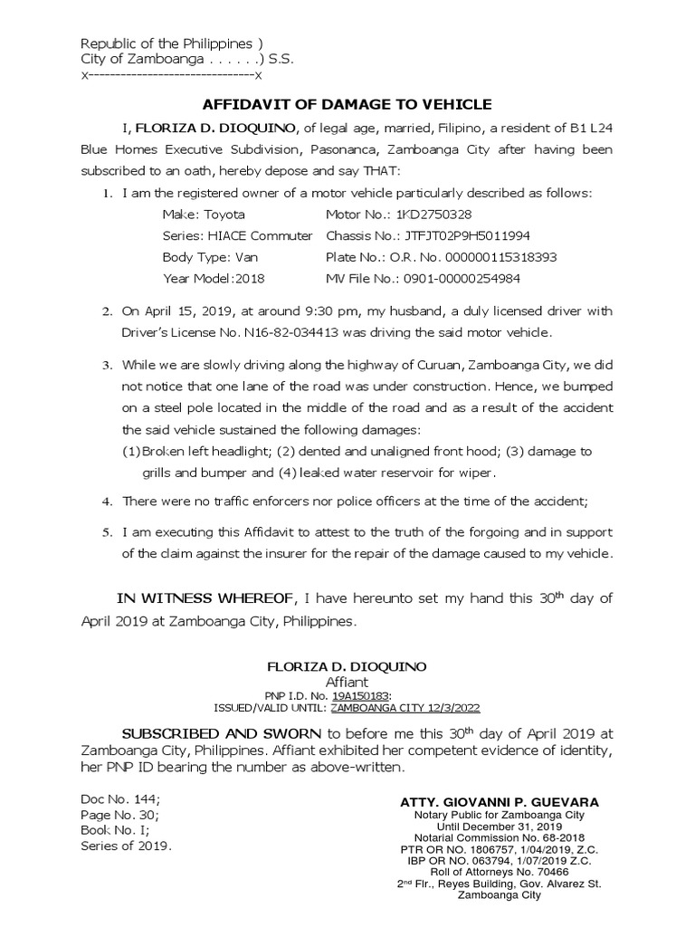 AFFIDAVIT OF DAMAGE TO VEHICLE-De Asis | PDF | Affidavit | Land Vehicles