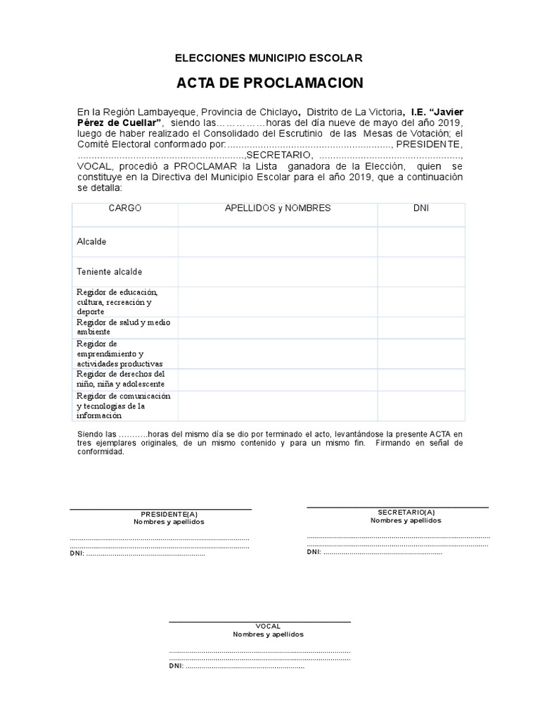 Acta De Proclamacion: Elecciones Municipio Escolar | Alcalde | Elecciones