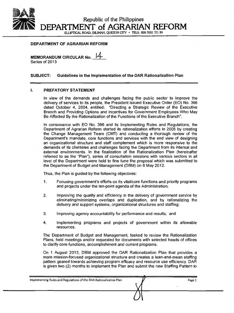 DAR Rationalization Plan Guidelines | PDF | Organizational Structure ...