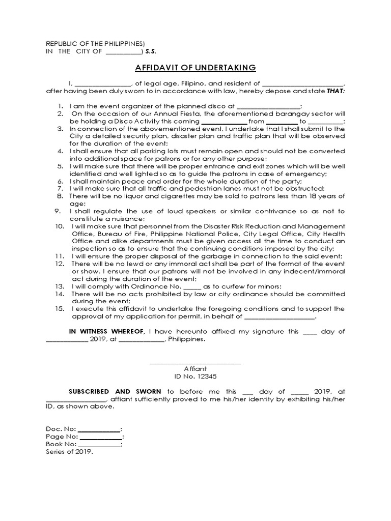 Affidavit Of Undertaking: IN WITNESS WHEREOF, I have hereunto affixed ...