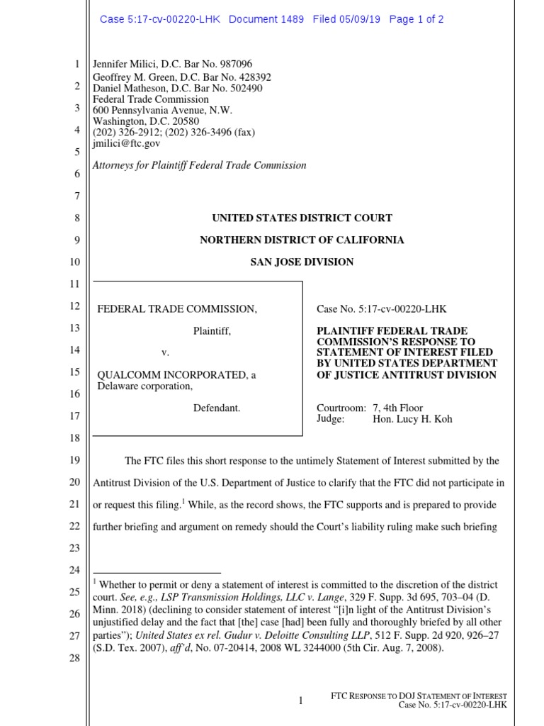 19-05-09 FTC Response To DOJ Statement in Qualcomm Case | PDF | Federal ...