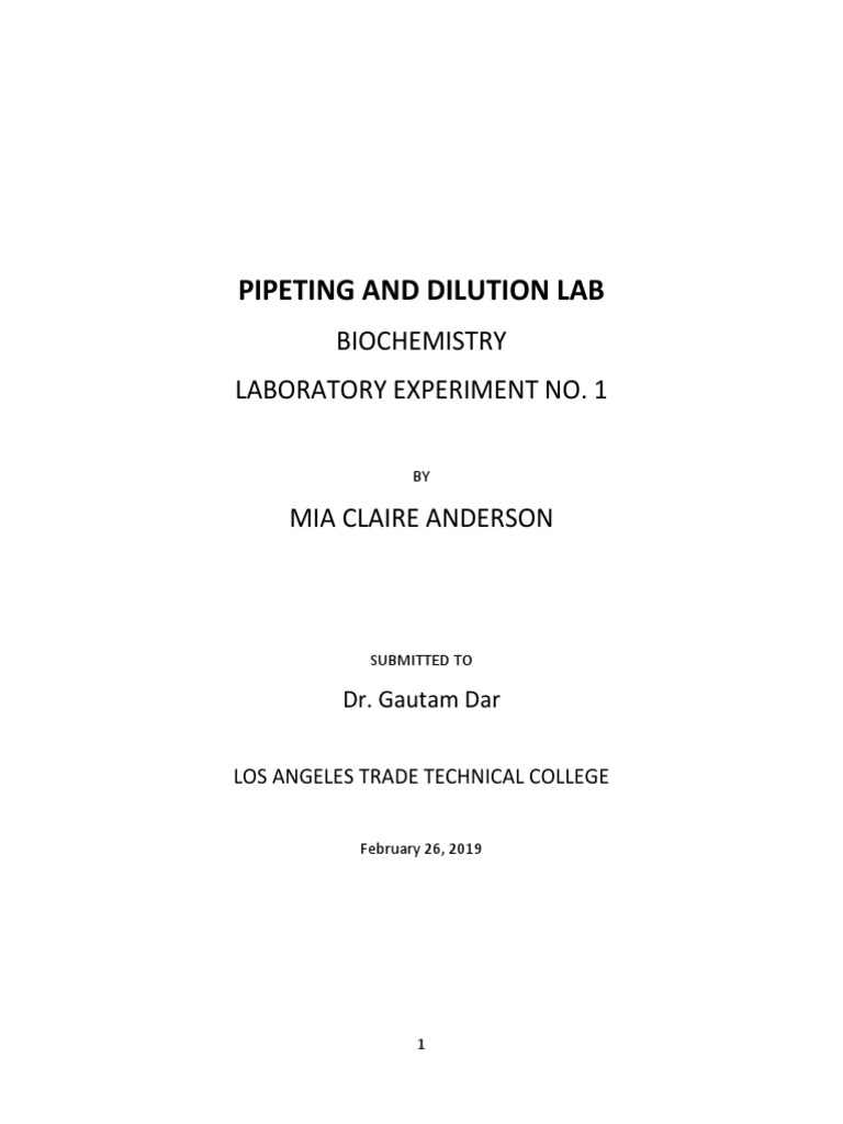 Pipeting And Dilution Lab Biochemistry Laboratory Experiment No 1