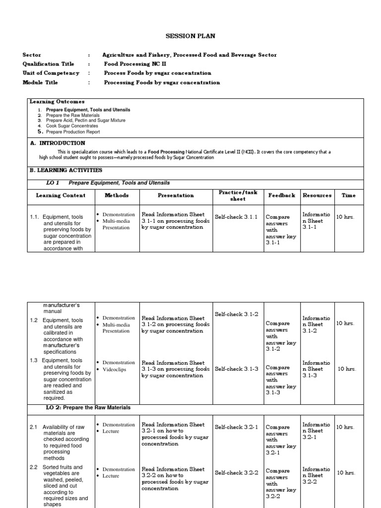 Session Plan: LO 1 Prepare Equipment, Tools and Utensils | PDF | Fruit ...