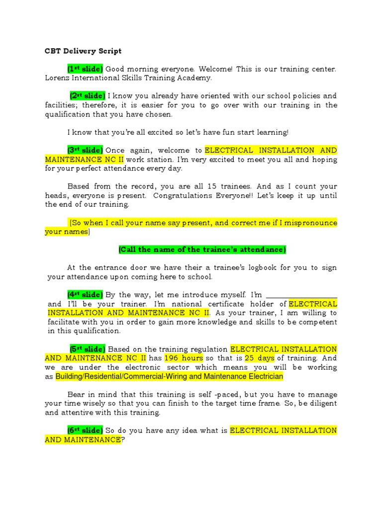 CBT Delivery Script | PDF | Electrical Wiring | Electric Power Distribution